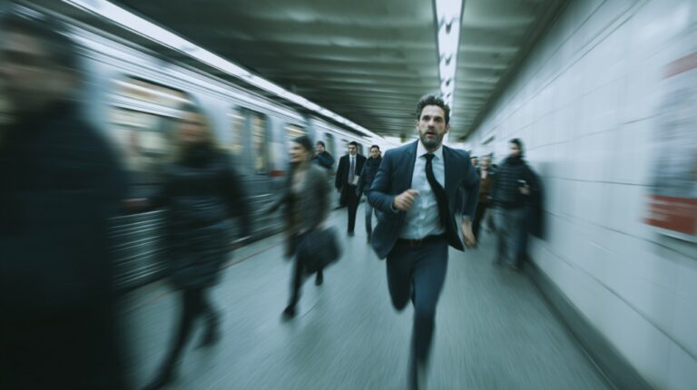 Businessman Running Through Subway Station in Rush Hour - PresentationGO