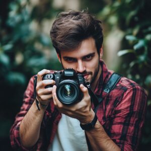 Portrait of Male Photographer with Camera in Nature - PresentationGO