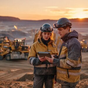 Construction Engineers Using Tablet at Sunset - PresentationGO