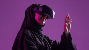 Saudi Woman Using VR Headset in Modern Tech Setting - PresentationGO
