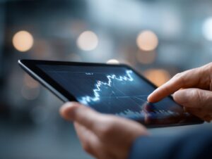 Businessman Analyzing Stock Market Chart on Tablet - PresentationGO