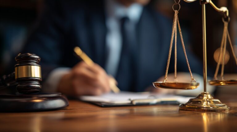 Lawyer Signing Legal Documents with Gavel and Scales of Justice ...