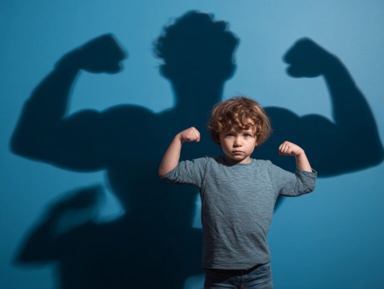 Girl Flexing Muscles with Superhero Shadow – Confidence & Strength ...