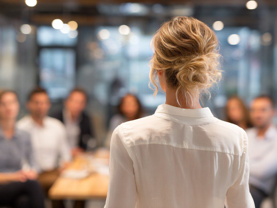 Female Leader Speaking to Team – Workplace Leadership & Presentation ...