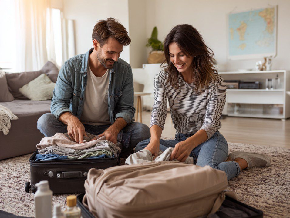 Happy Couple Packing for a Trip at Home - PresentationGO