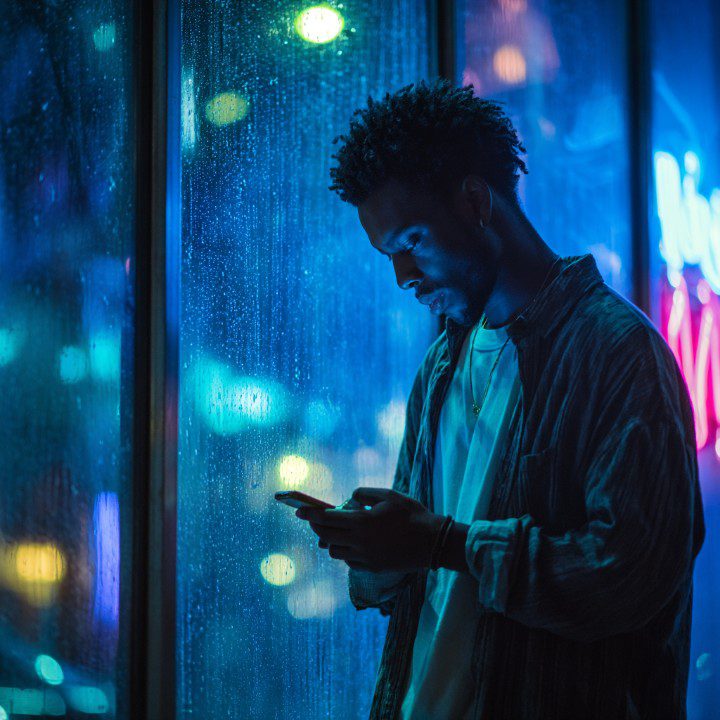 Man Using Phone in Neon-Lit Street — Night Photography - PresentationGO