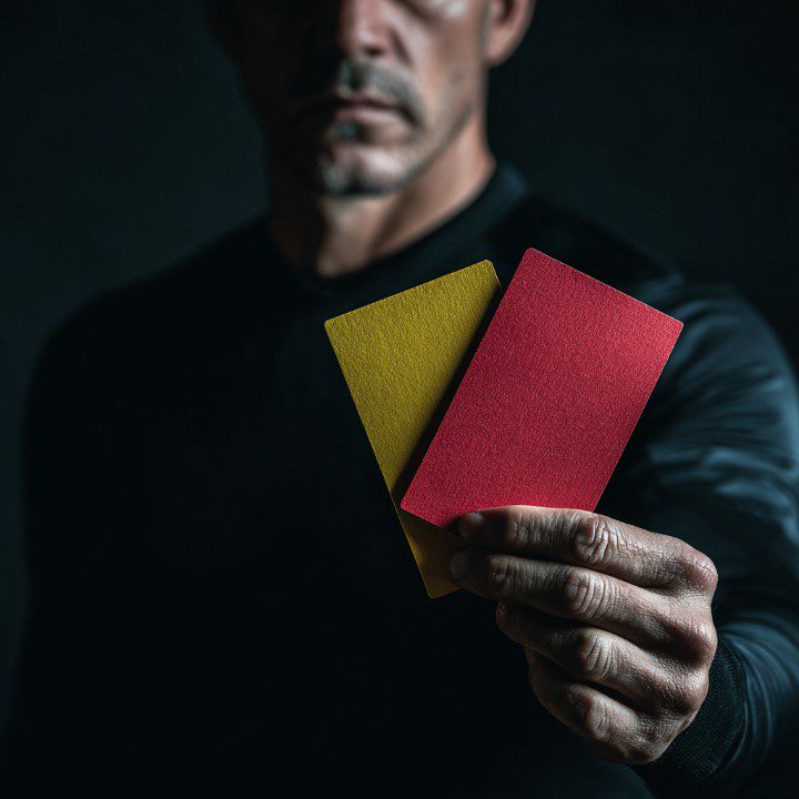 Referee Holding Red and Yellow Cards – Dramatic Close-Up