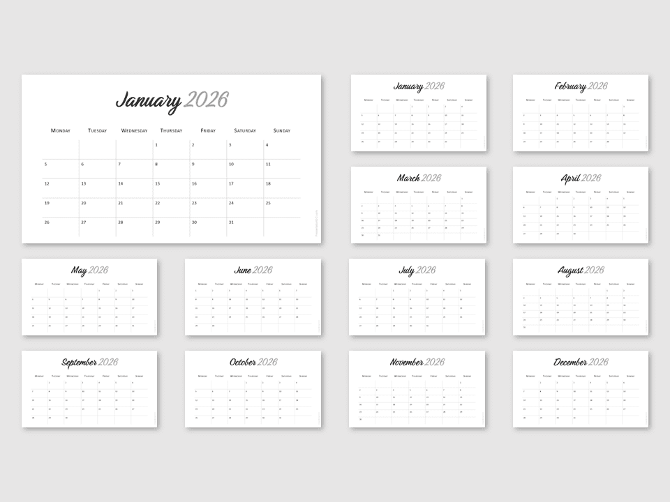 Minimal 2026 Calendar (Monday Start) for PowerPoint