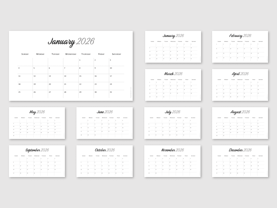 Minimal 2026 Calendar (Sunday Start) for PowerPoint