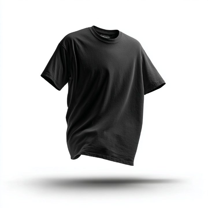 Minimalist Black T-Shirt Floating on White Background