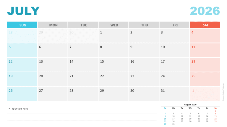 July 2026 Monthly Calendar for PowerPoint & Google Slides