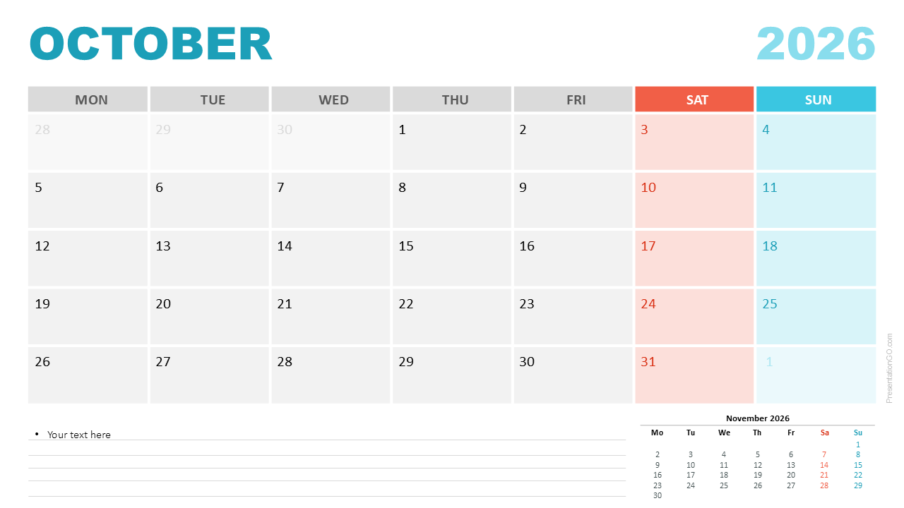 October 2026 Monthly Calendar for PowerPoint & Google Slides
