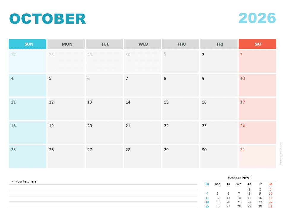 October 2026 Monthly Calendar for PowerPoint & Google Slides