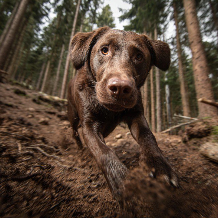 Brown Labrador Running Through Forest Trail - PresentationGO